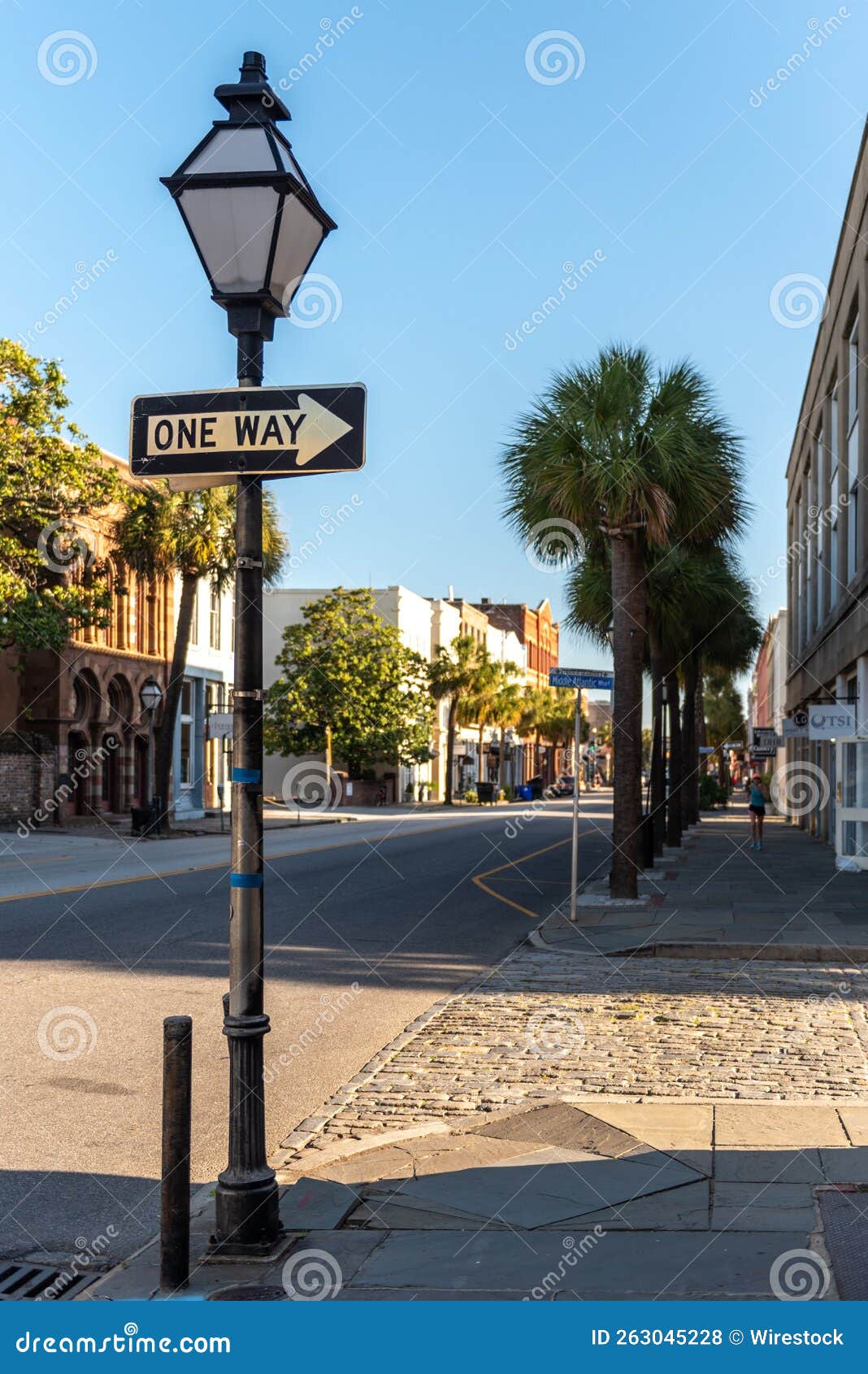 Vertical of Street View with a Lamp and Board in it "One Way" Text ...