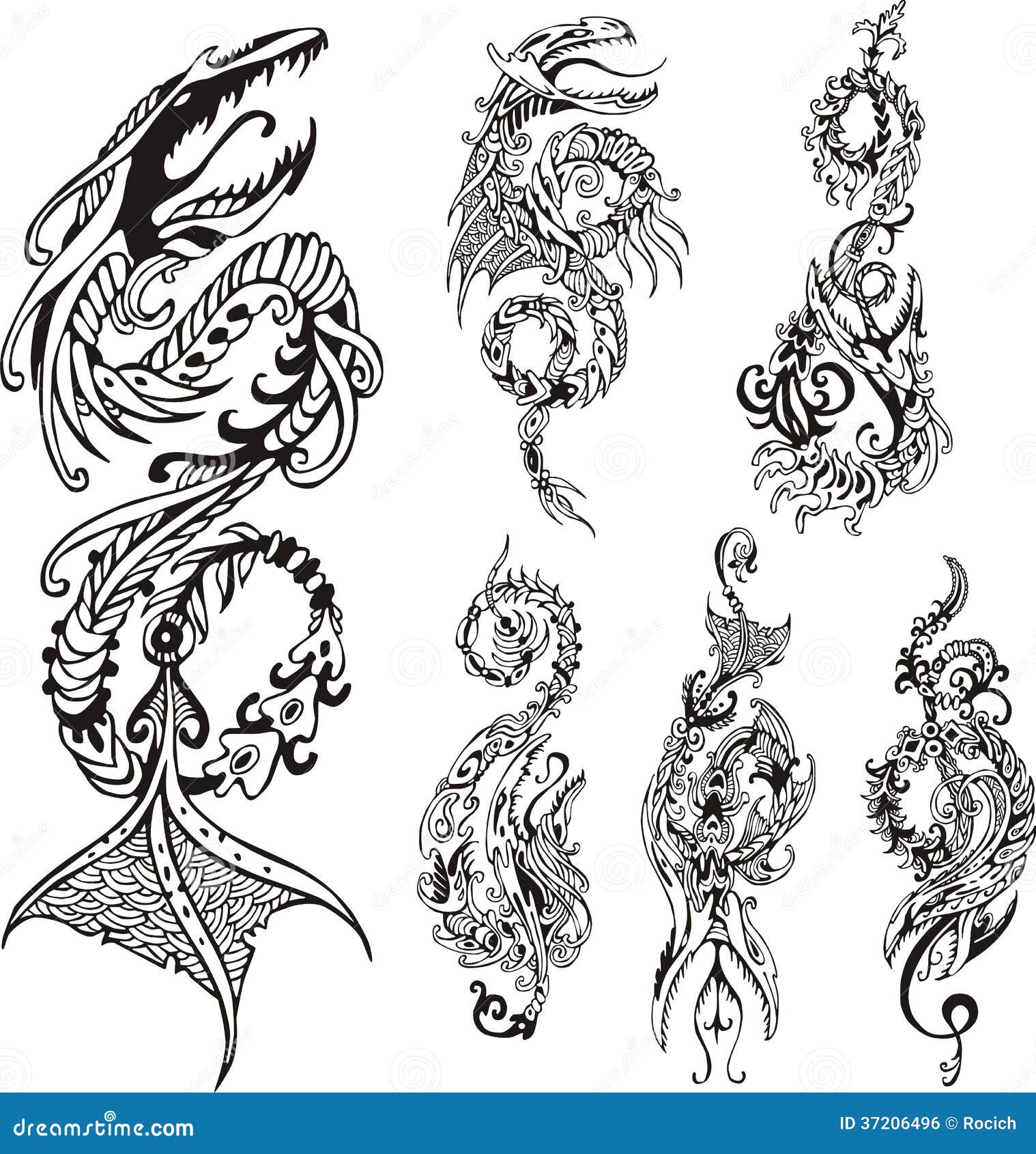 Vertical Stylized Dragon Tattoos Stock Vector - Illustration of asian ...