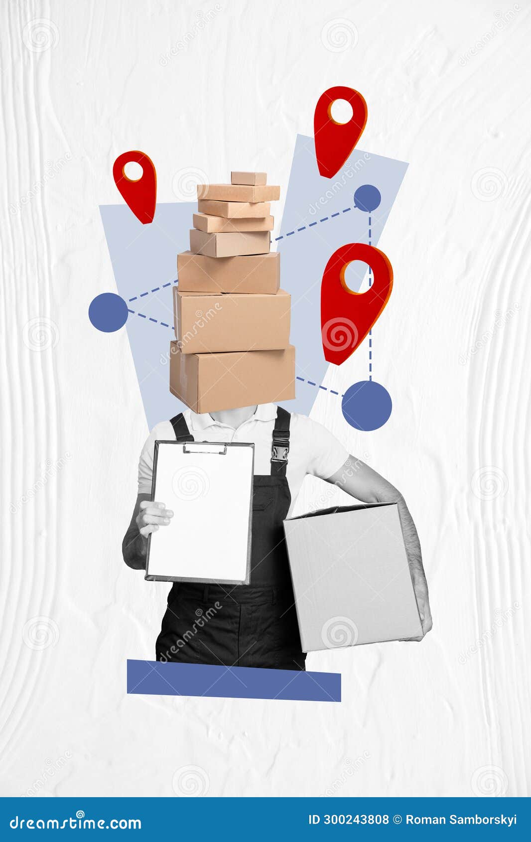 Vertical Surreal Photo Collage Of Headless Delivery Guy Courier Hold ...