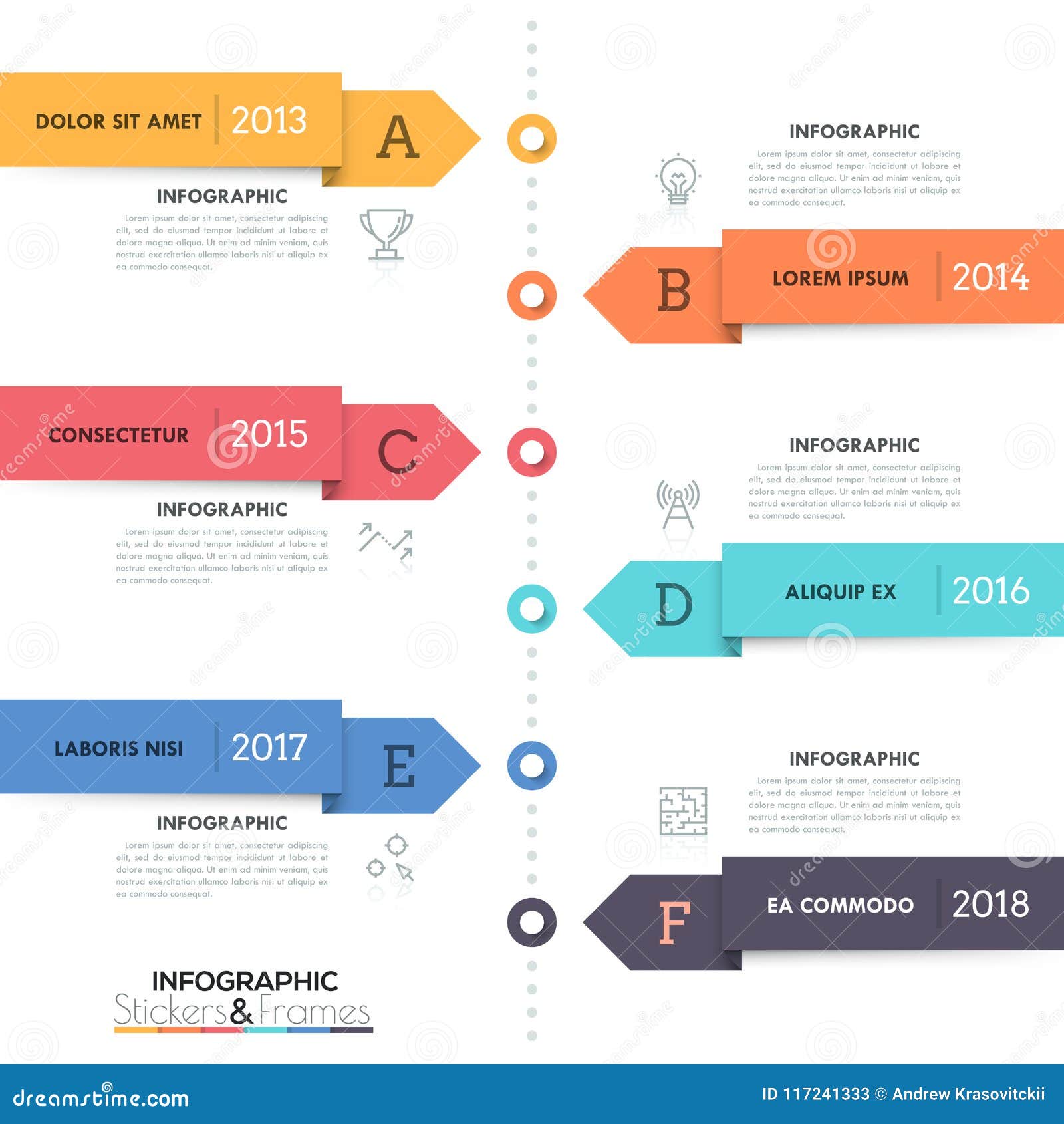Vertical Timeline with 6 Arrow-like Elements, Thin Line Pictograms ...