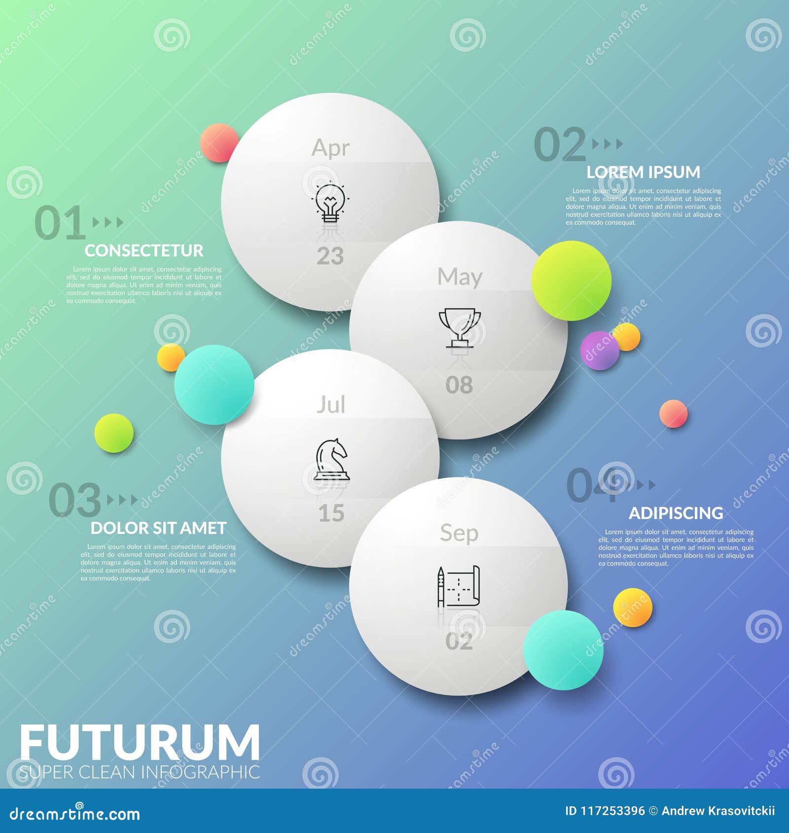 Vertical Timeline. Four Separate Staggered Round Elements with Thin ...