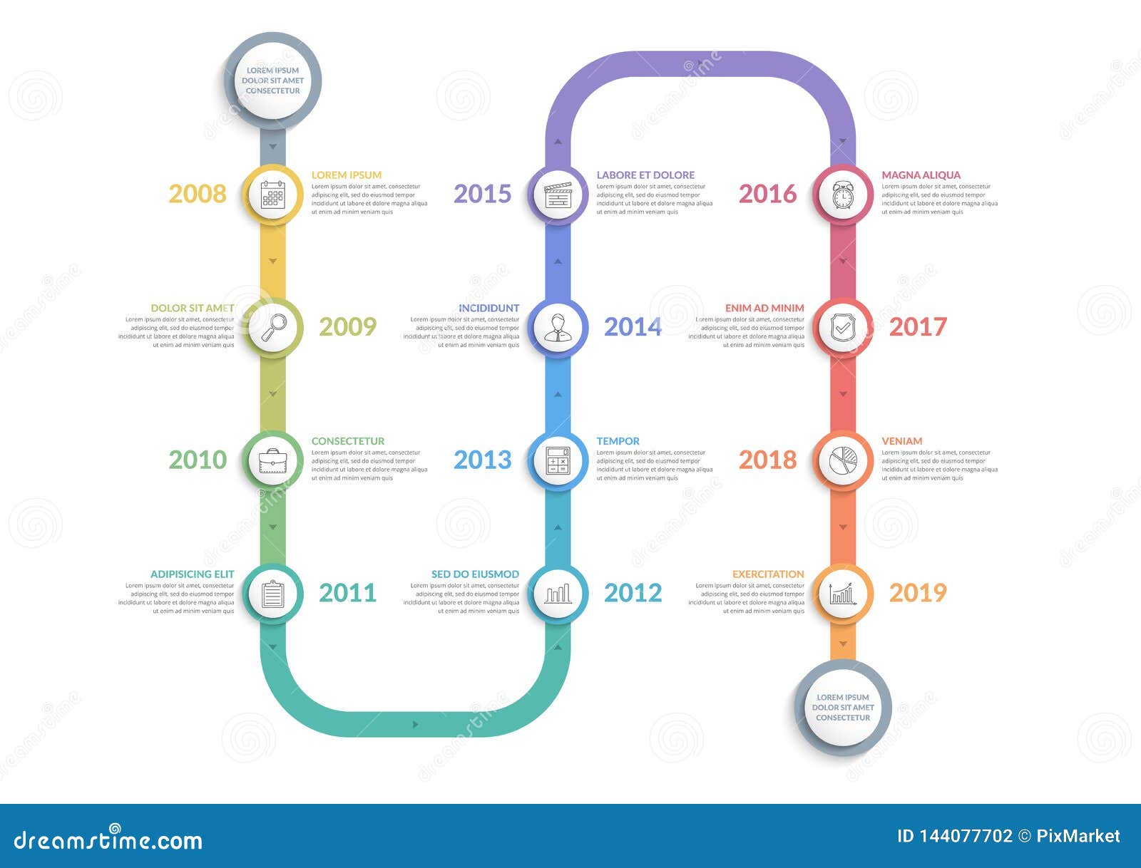 Vertical Timeline With Time Indication, Pictograms And Text Boxes ...