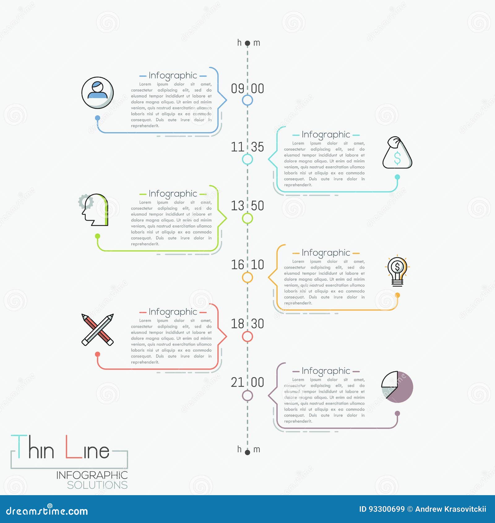 Vertical Timeline with Time Indication, Pictograms and Text Boxes Stock ...