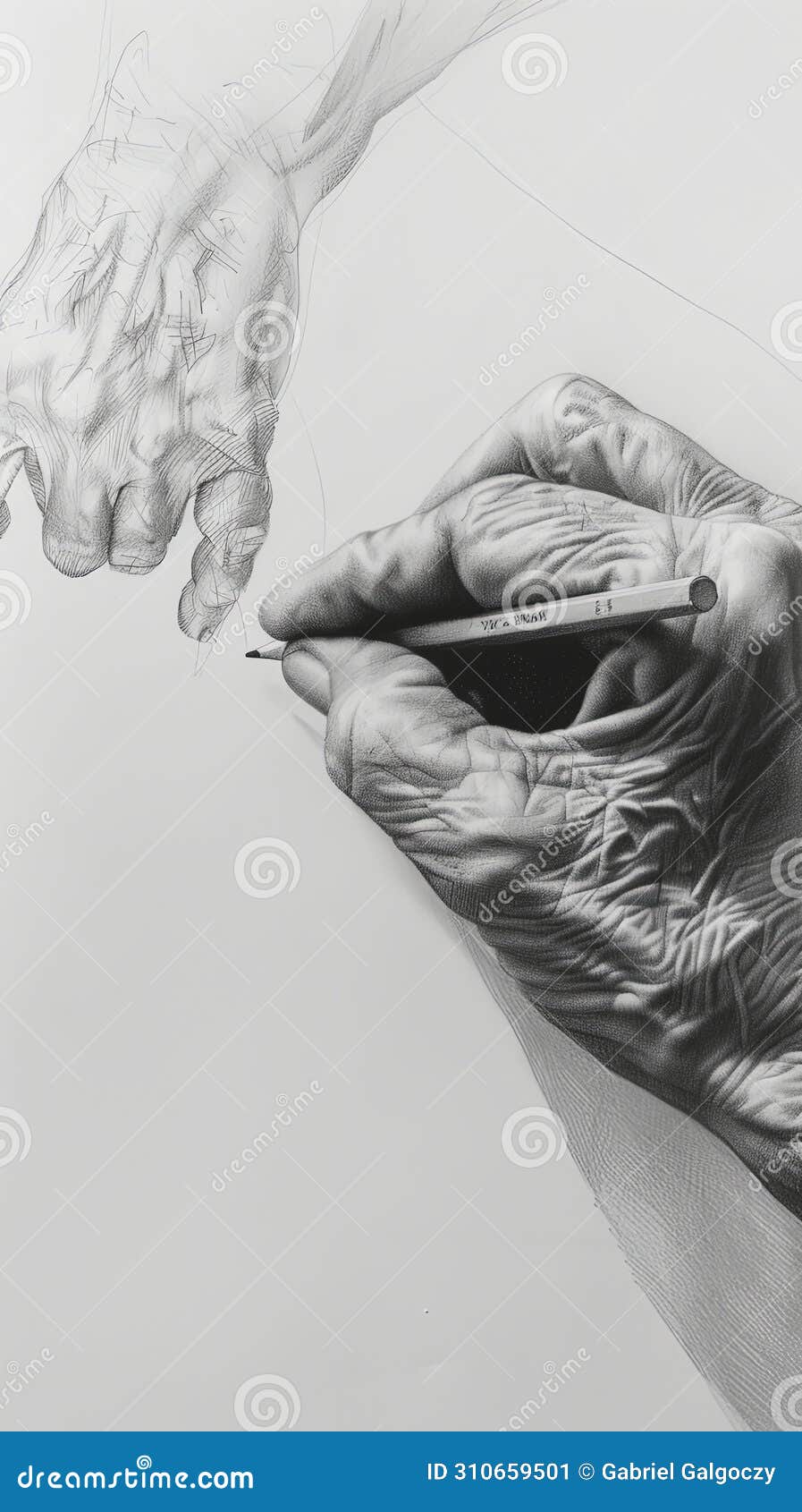 Vertical Top Down View of Hand Holding Pen Drawing on White Paper Stock ...