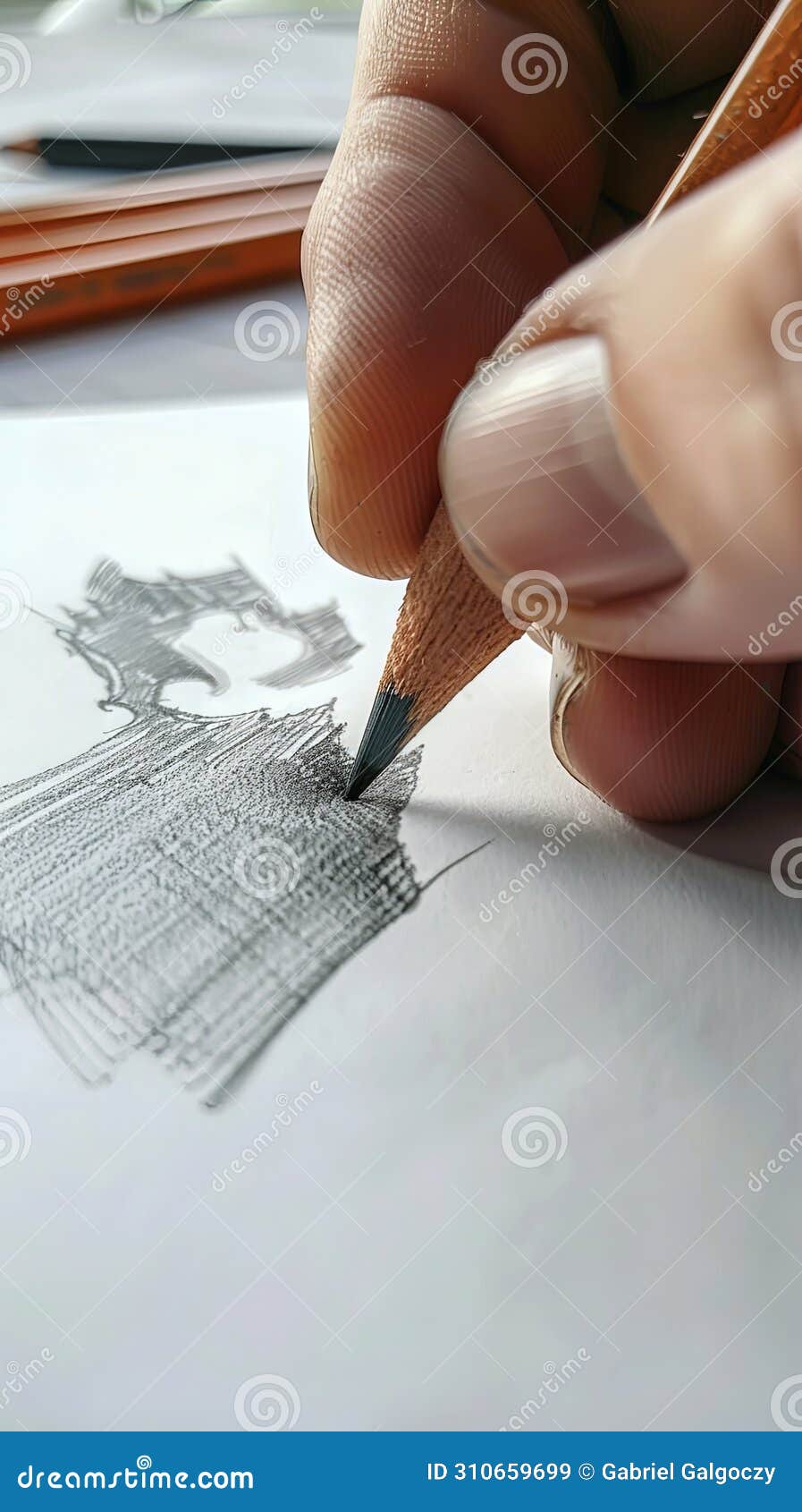 Vertical Top Down View of Hand Holding Pen Drawing on White Paper Stock ...