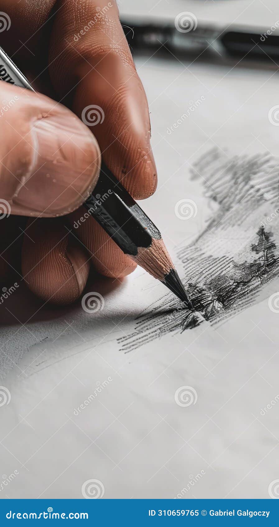 Vertical Top Down View of Hand Holding Pen Drawing on White Paper Stock ...