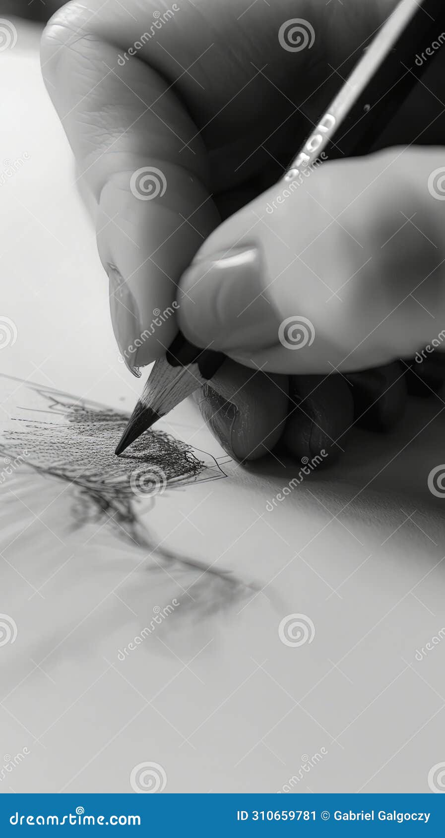 Vertical Top Down View of Hand Holding Pen Drawing on White Paper Stock ...