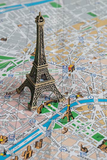 Vertical Top View of Mockup of the Eiffel Tower Over Paris Map Stock ...