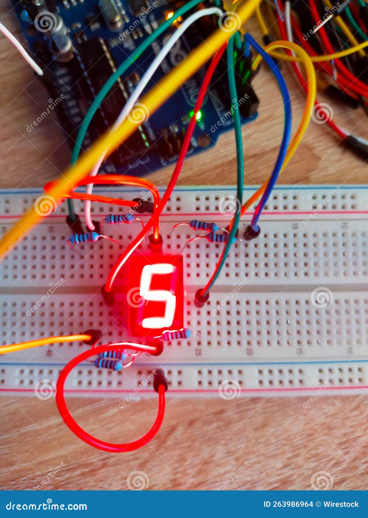 Vertical Top View of Number Five on Seven Segment Display Breadboard ...