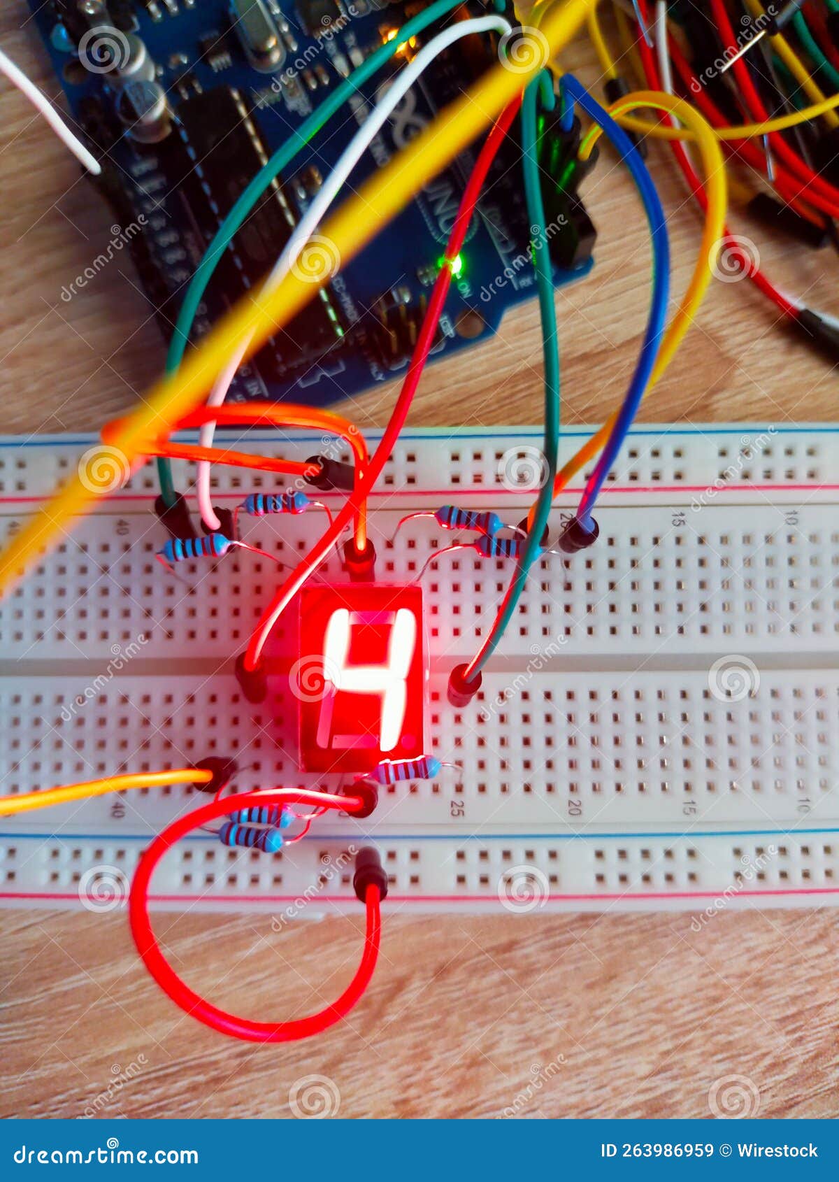 Vertical Top View of Number Four on Seven Segment Display Breadboard ...