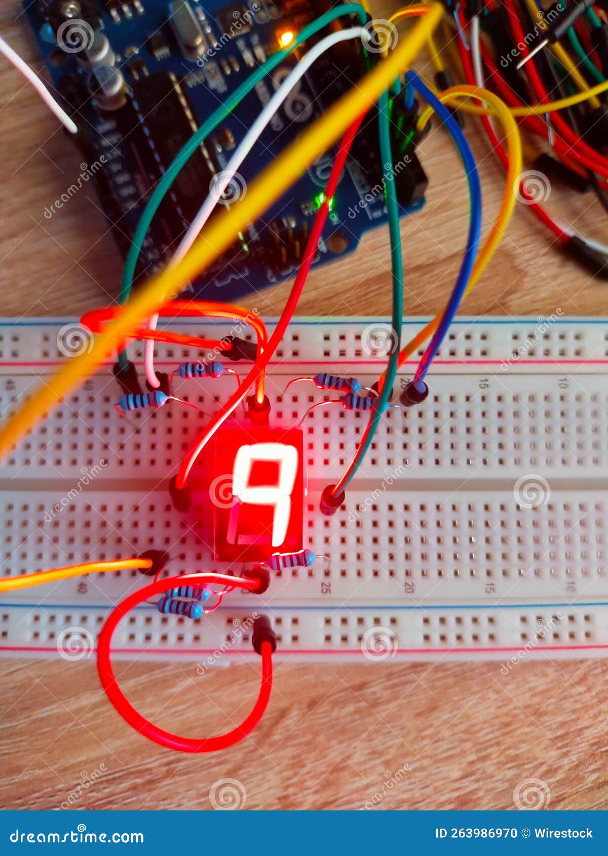 Vertical Top View of Number Nine on Seven Segment Display Breadboard ...