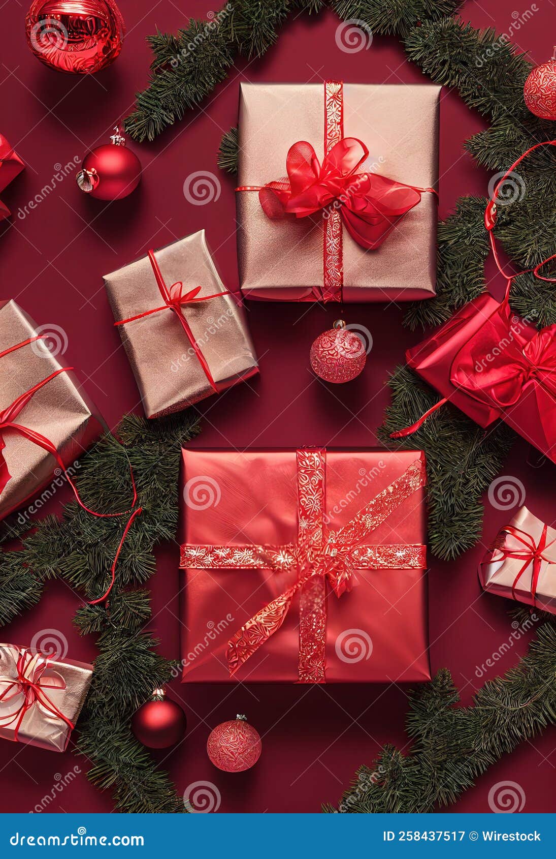 Vertical Top View of Red Christmas Presents with Decorations, on a Red ...
