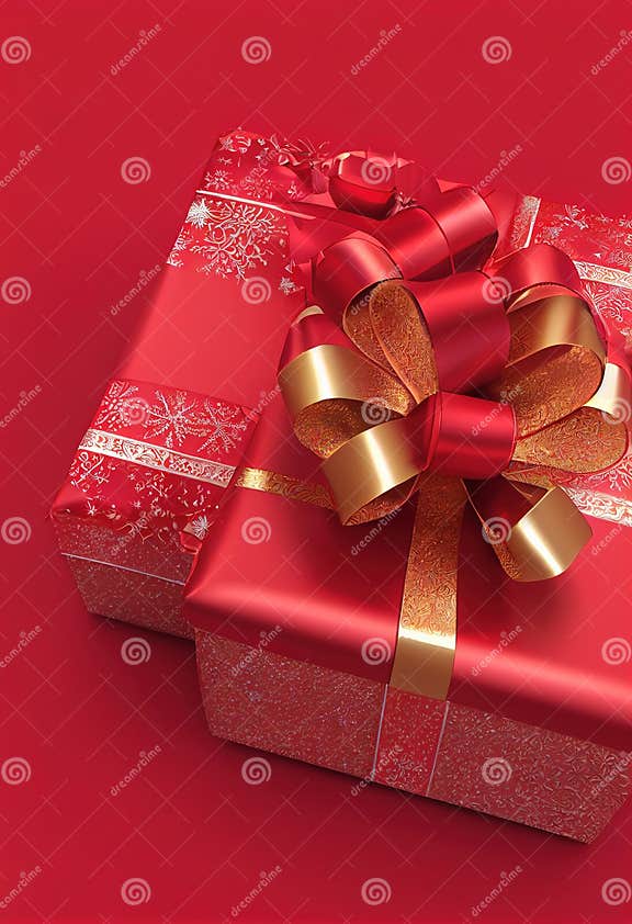 Vertical Top View of Red Christmas Presents with Decorations, on a Red ...