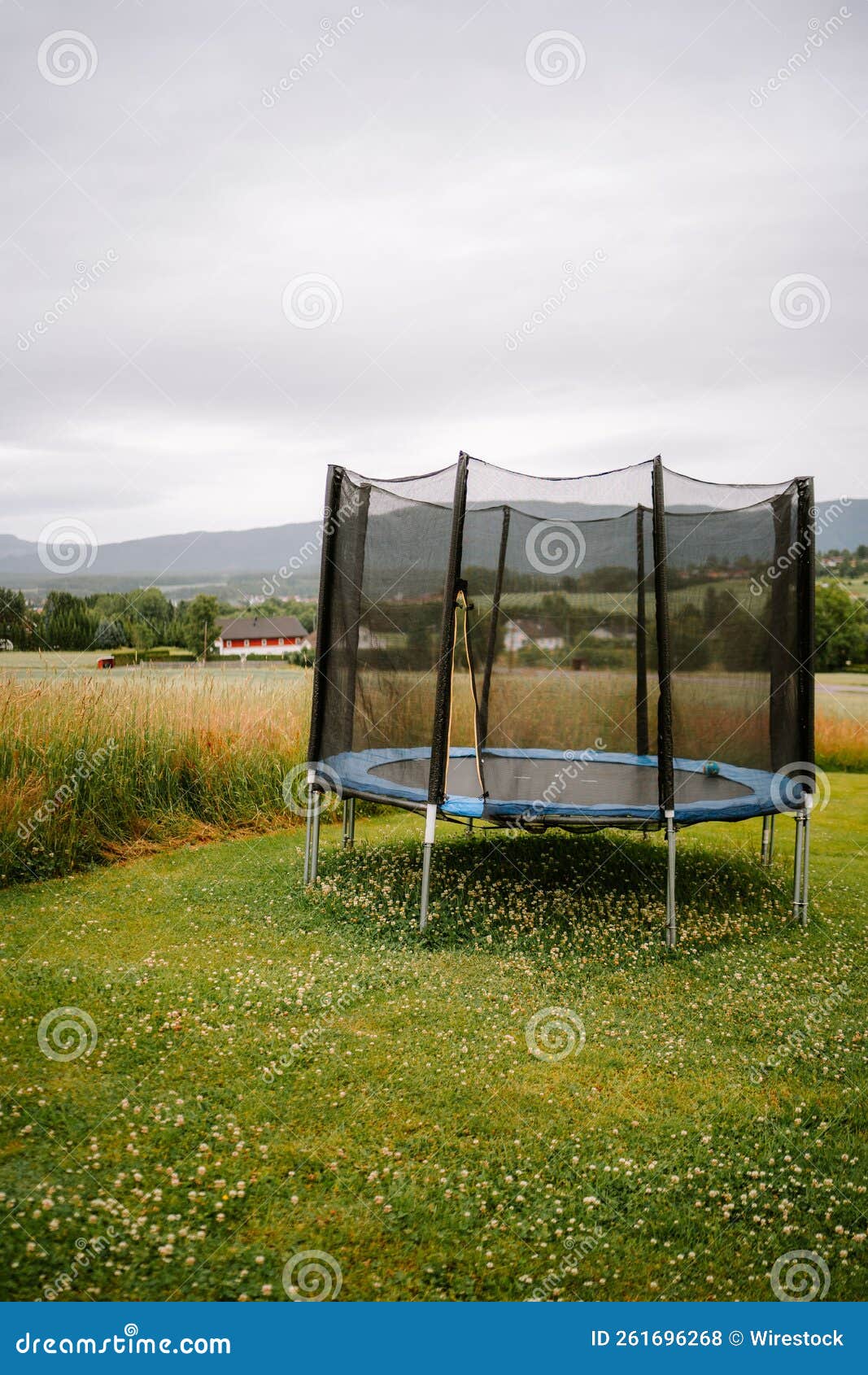 Vertical of a Trampoline with a Safety Net Under a Cloudy Sky. Stock ...