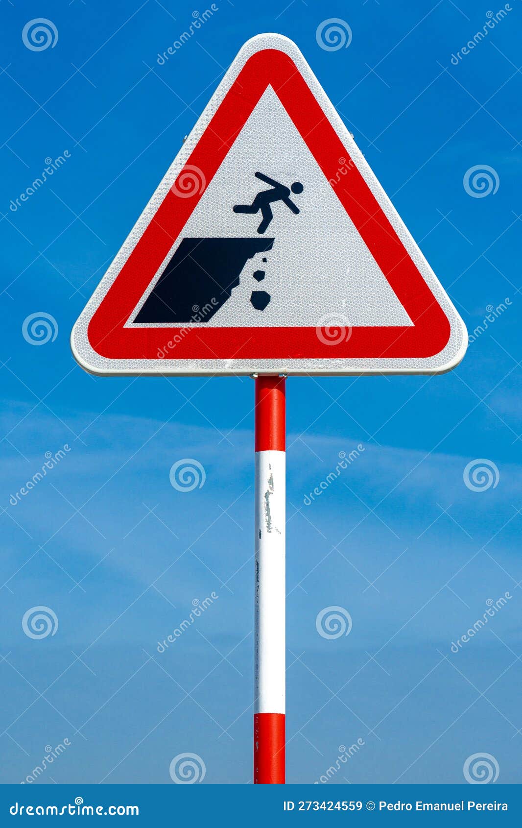 Vertical Triangular Road Sign of Danger of Falling Person on Cliff ...