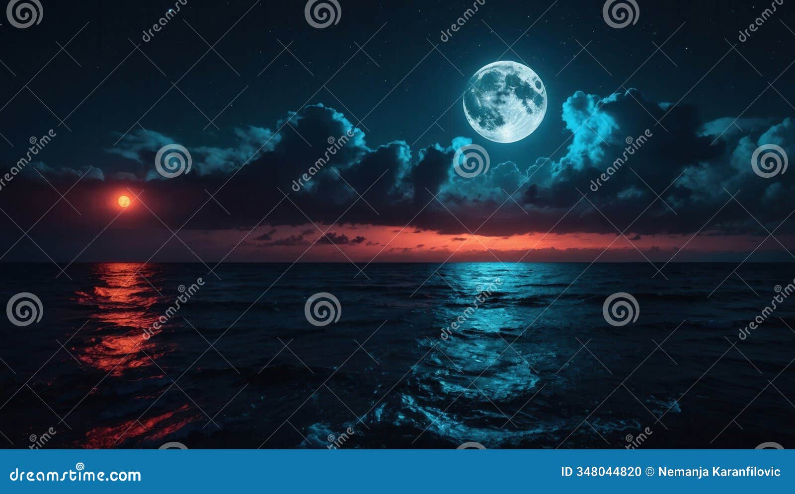 Vertical Triptych of Night Ocean Scenes with Moon and Person Standing ...