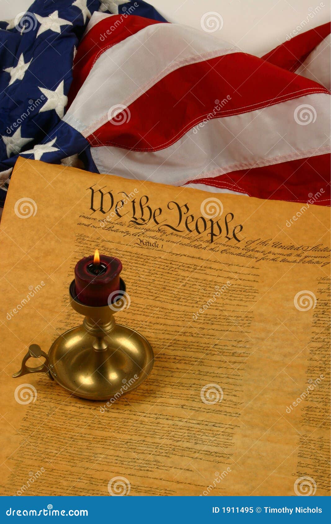 Vertical United States Constitution, Candle, and Flag Stock Image ...