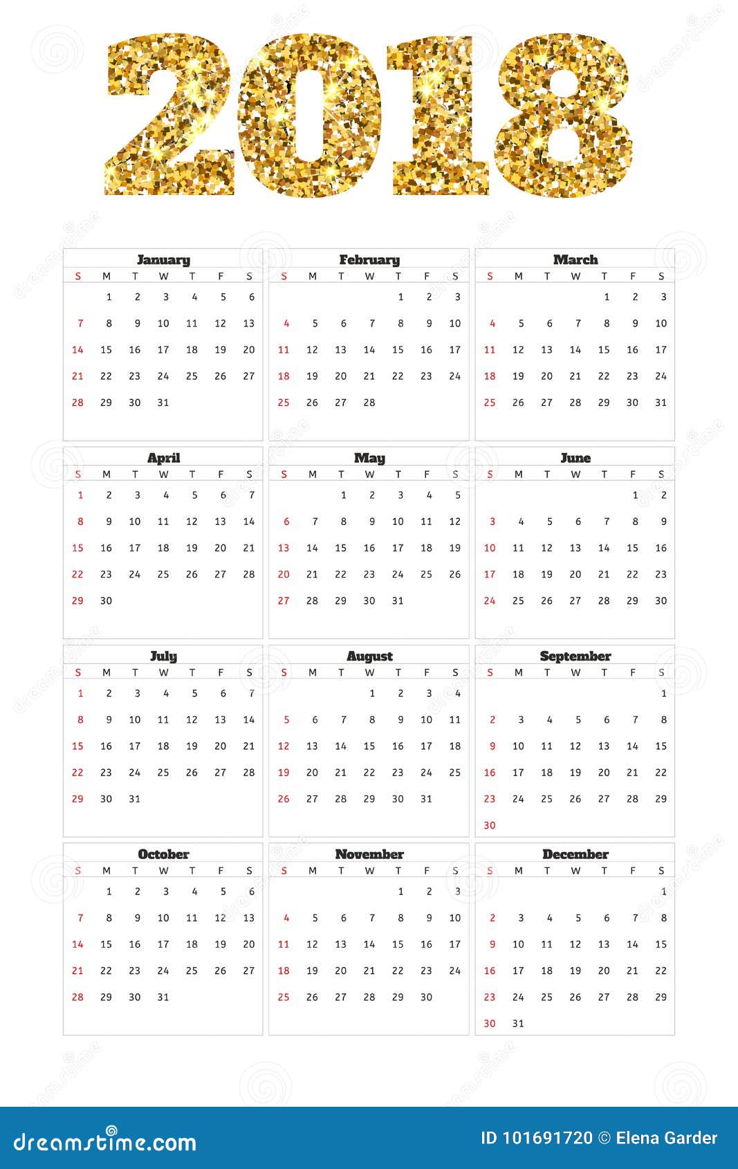 Calendar 2018 Year Simple Style. Week Starts from Sunday Stock Vector ... Calendar 2018 Year Simple Style. Week Starts from Sunday Stock Vector ...