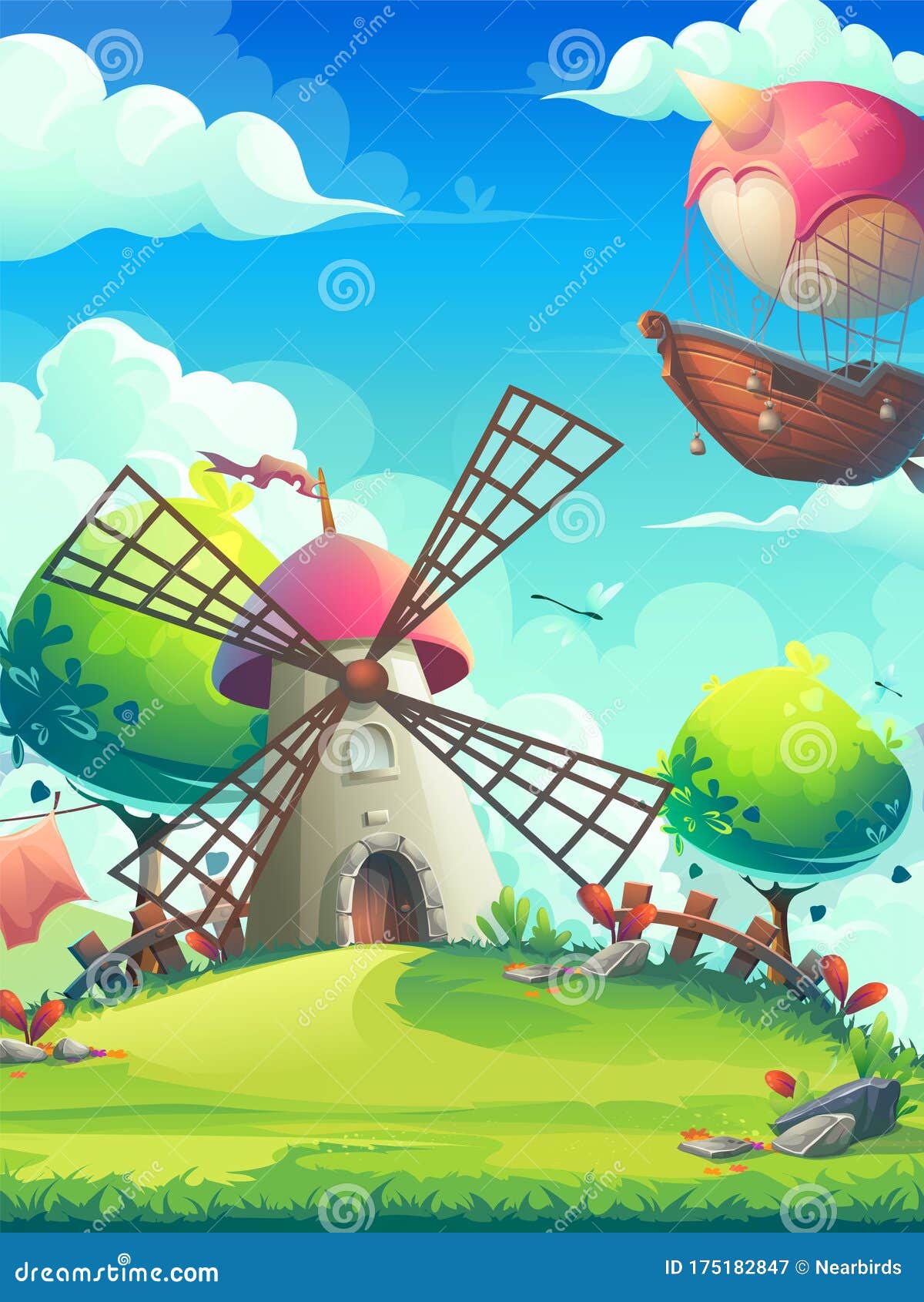 Vertical Vector Cartoon Background Mill among Trees Stock Vector ...