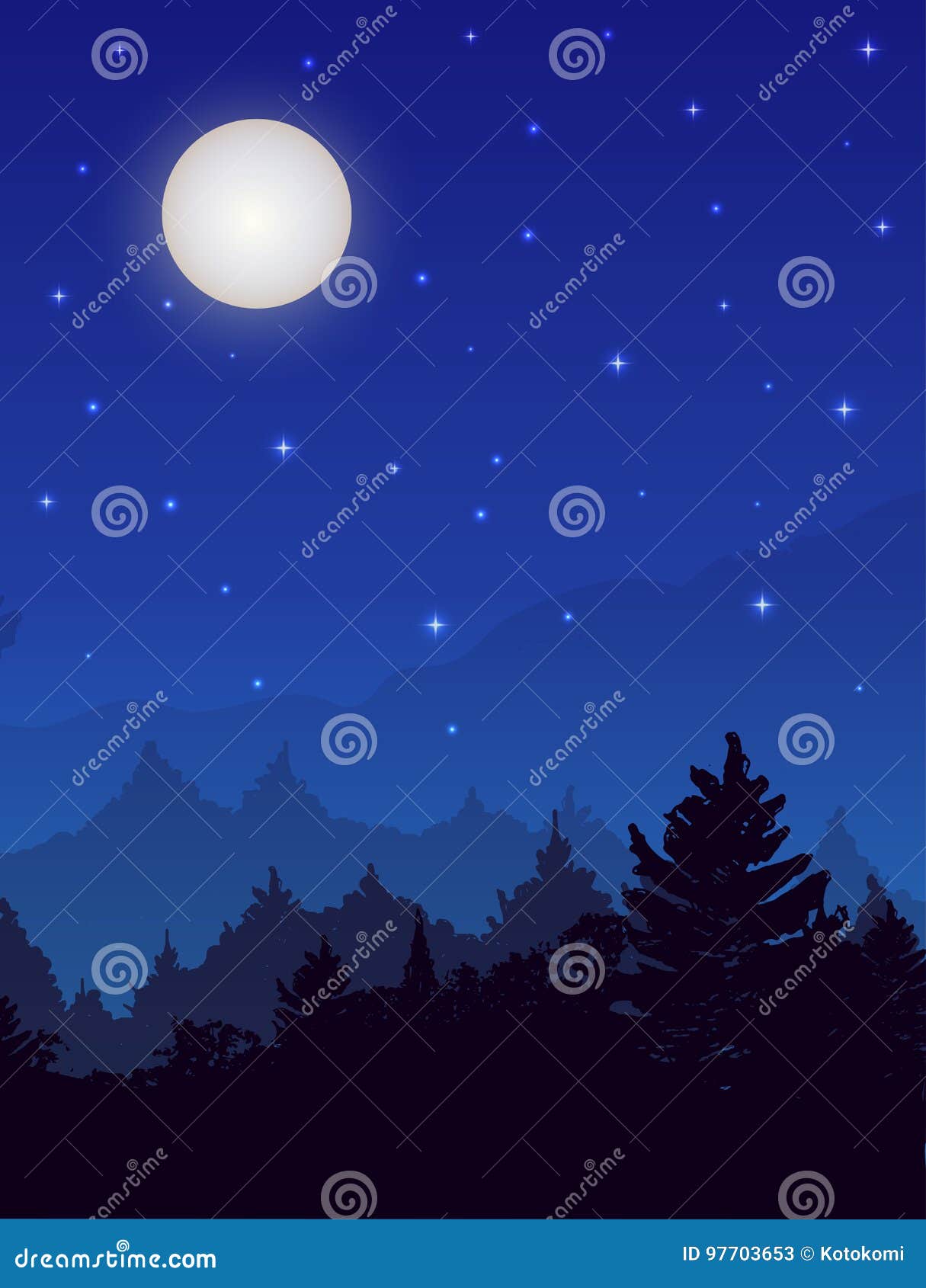Vertical Vector Night Landscape with Spruce Forest, Sky with Stars and ...