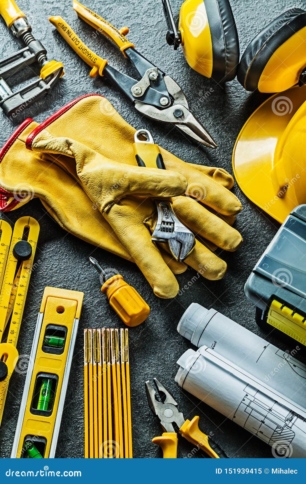 Vertical Version Big Set of Construction Tools with Gloves in Centre on ...