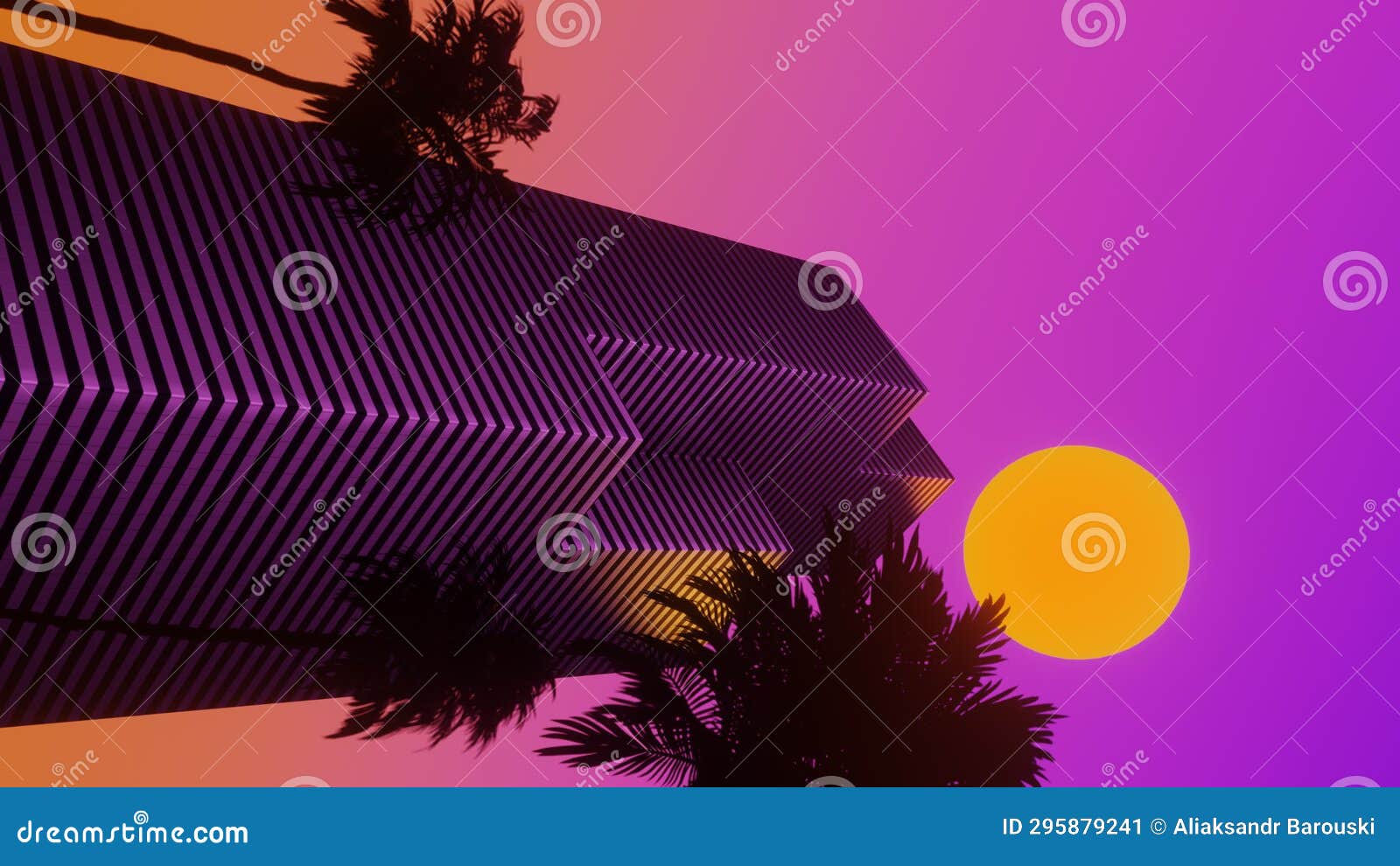Vertical Video Skyscraper at Sunset with Tropical Palms. Synthwave ...