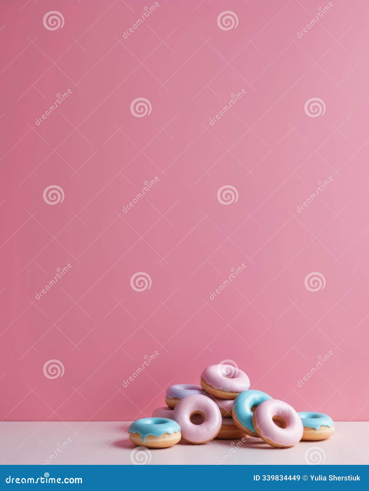 Vertical View of Bunch of Donuts of Pink and Blue Pastel Colors on Pink ...
