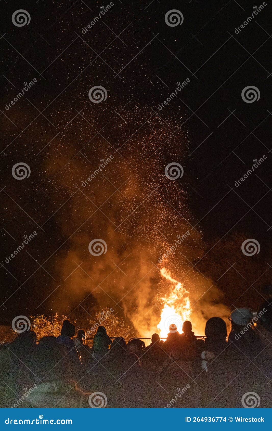 Vertical View of the Crowd Standing before the Roaring Bonfire Flames ...