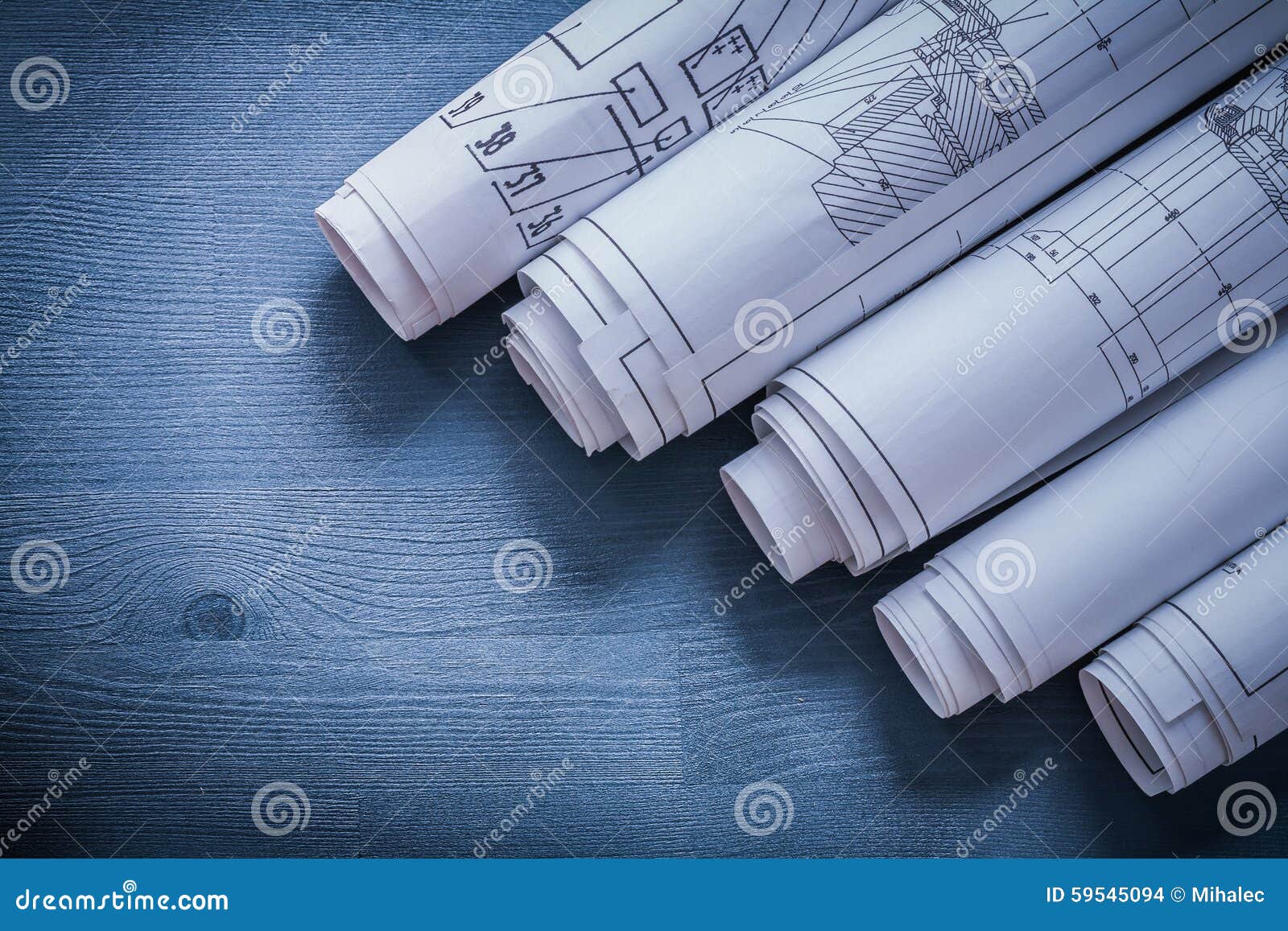 Vertical View Five Rolls of Blueprints Very Close Up Stock Photo ...