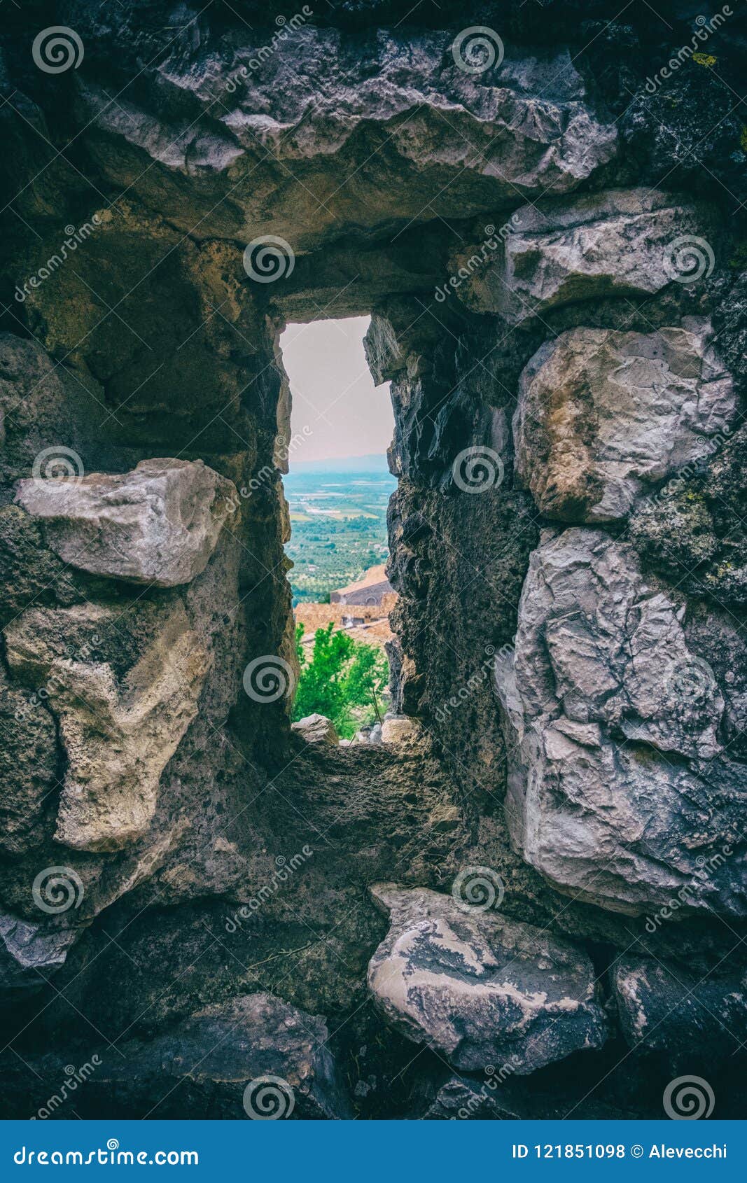 Landscape from a Thin Security Window of an Ancient Stone Wall. Stock ...