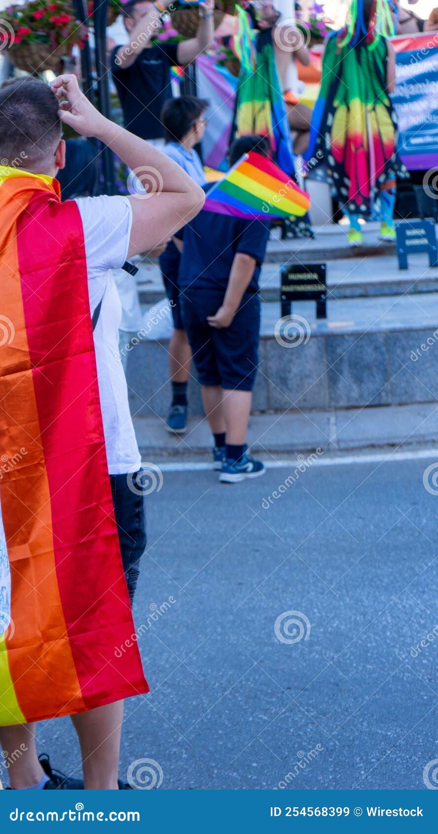 Vertical View of People Participating in the Gay Parade with Flags ...