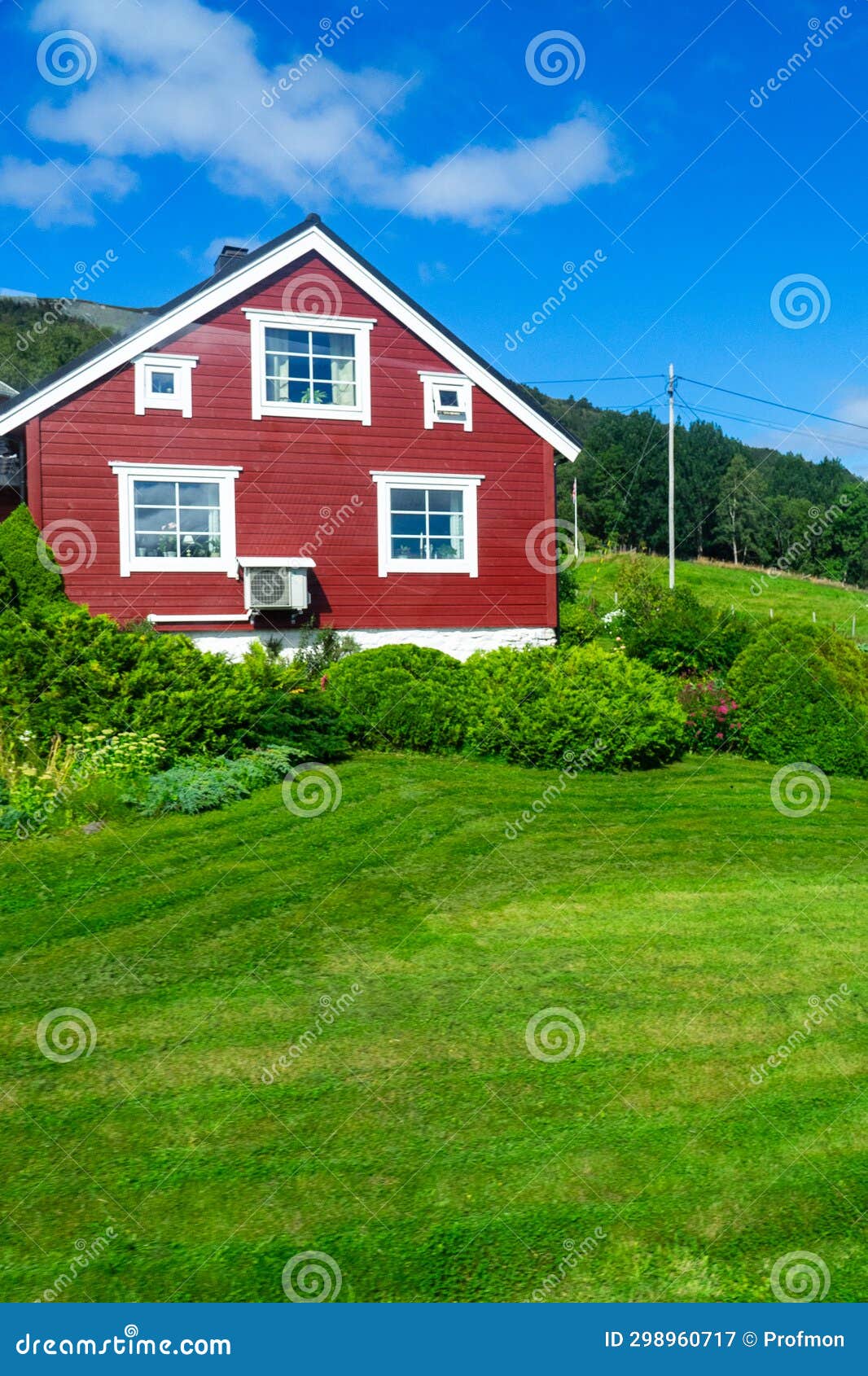 Vertical View of Scandinavian Style House on Green Hill Stock Image ...