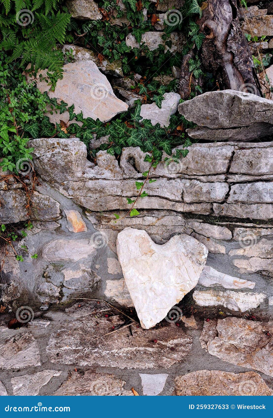 Vertical View of a Stone Heart Over the Rough Surface with Green Leafy ...