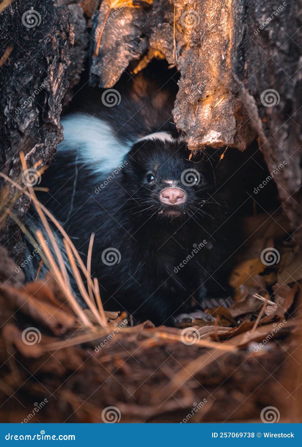 Vertical View of a Striped Skunk Hiding in the Tree Stock Photo - Image ...