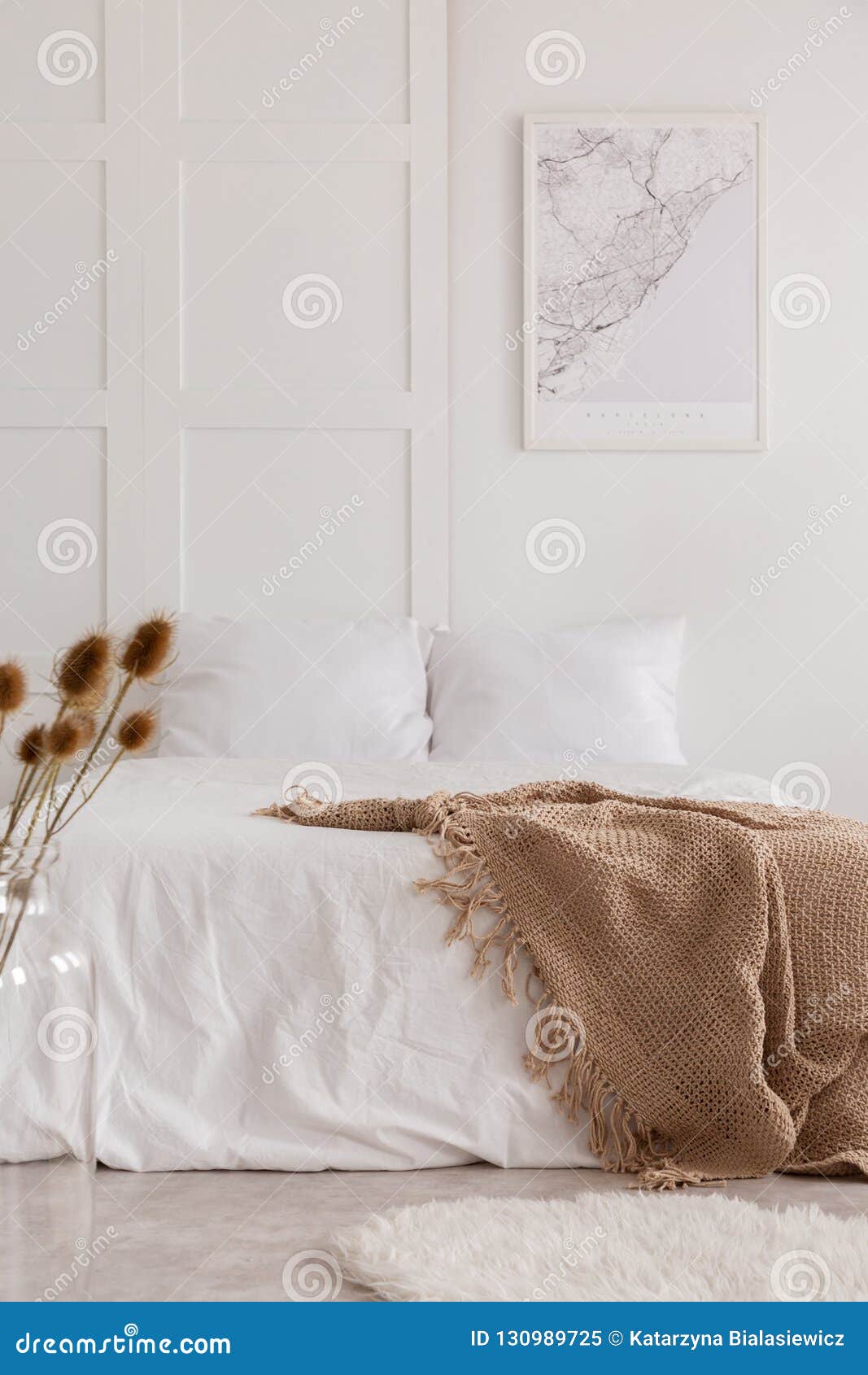 Vertical View of White Bedroom Interior, Real Photo Stock Image - Image ...
