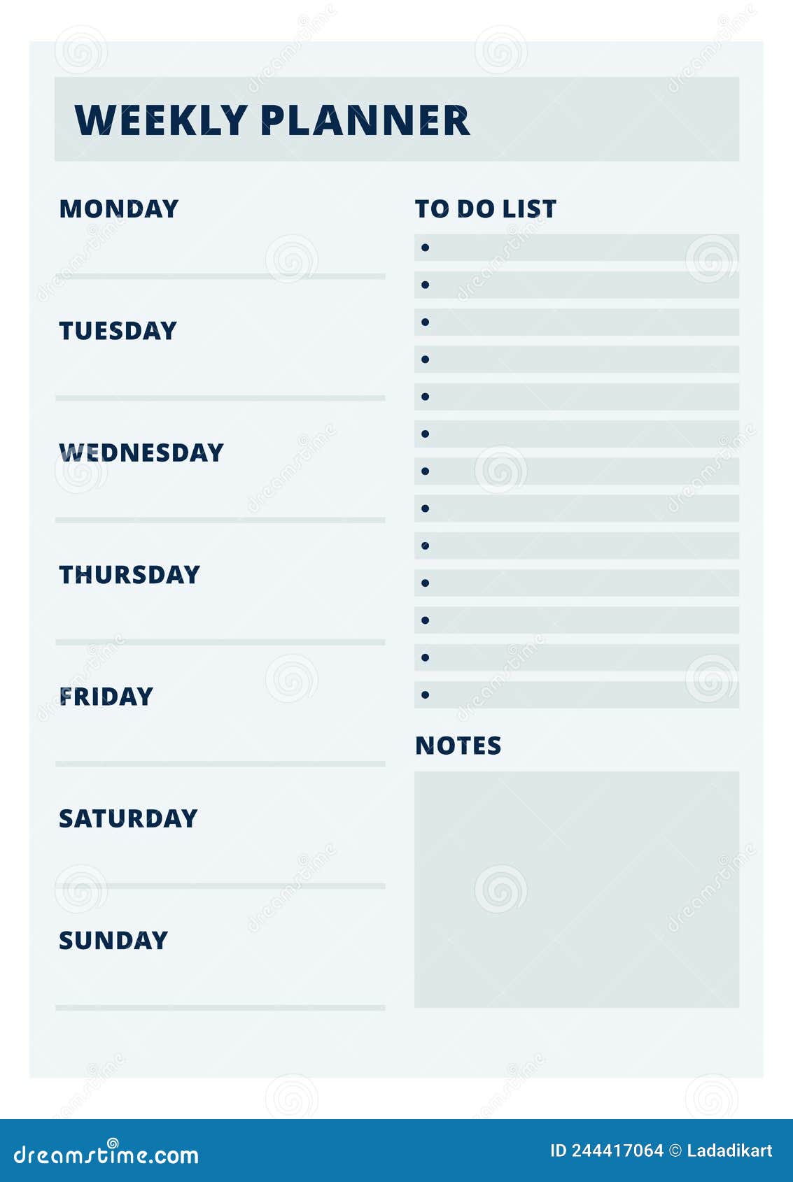Vertical Weekly Planner Template. Notebook Week Sheet Stock Vector ...