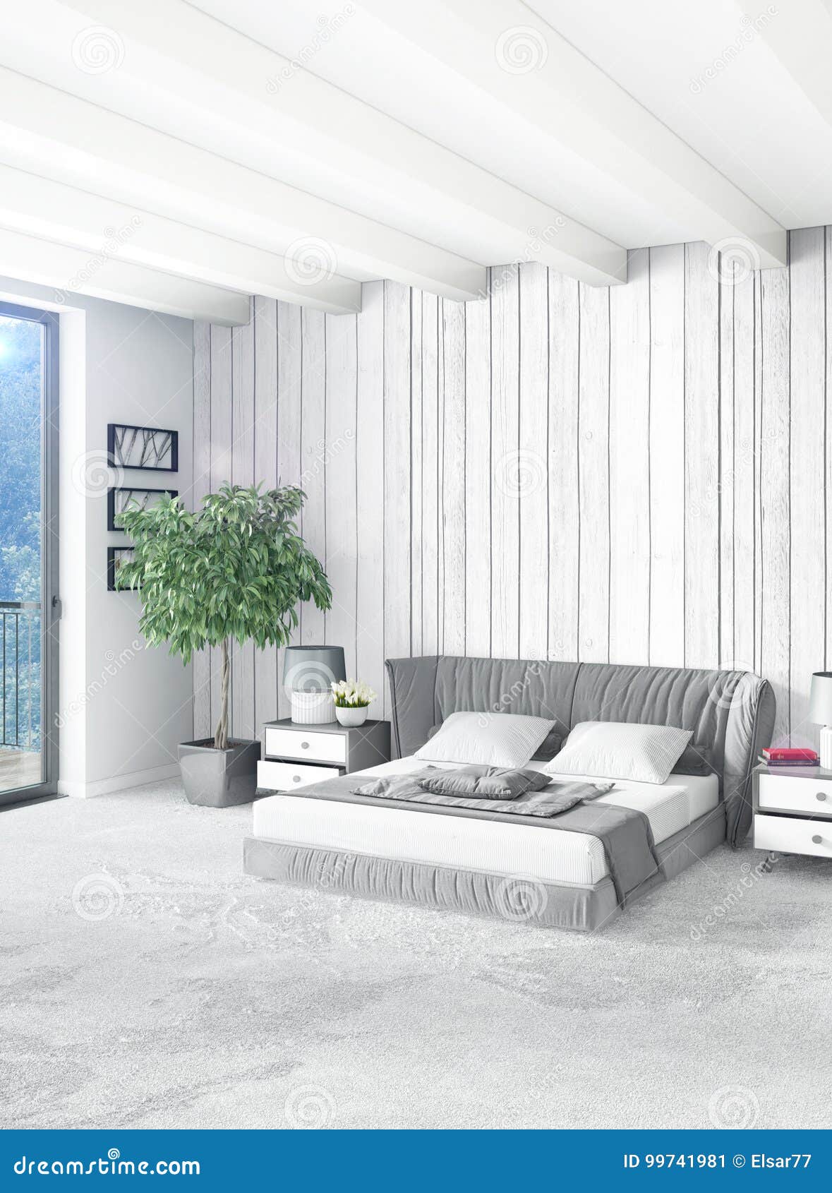 Vertical Bedroom Minimal or Loft Style Interior Design. 3D Rendering ...