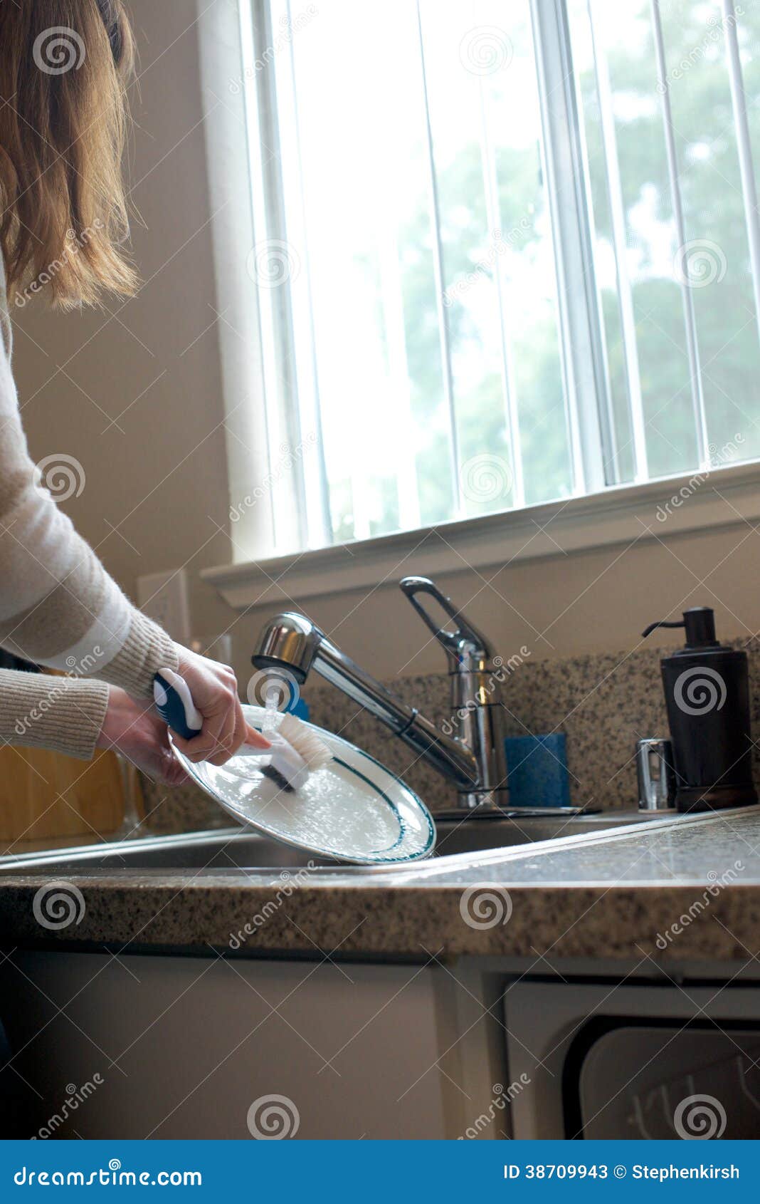 Vertical of Woman Scrubbing Plate Stock Image - Image of cleaning ...