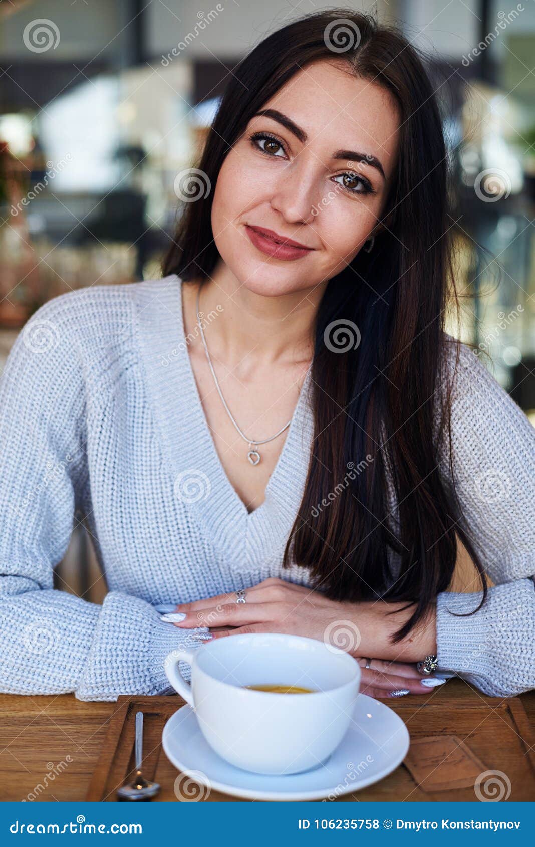 Young Charming Woman Sitting Alone at Cafe Stock Photo - Image of ...