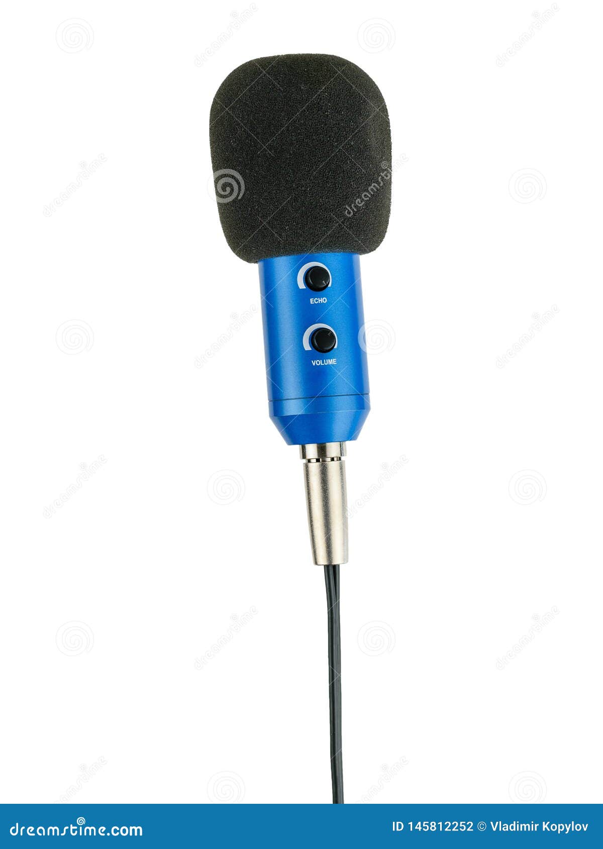 Vertically Positioned Blue Microphone with Wire Isolated on White ...