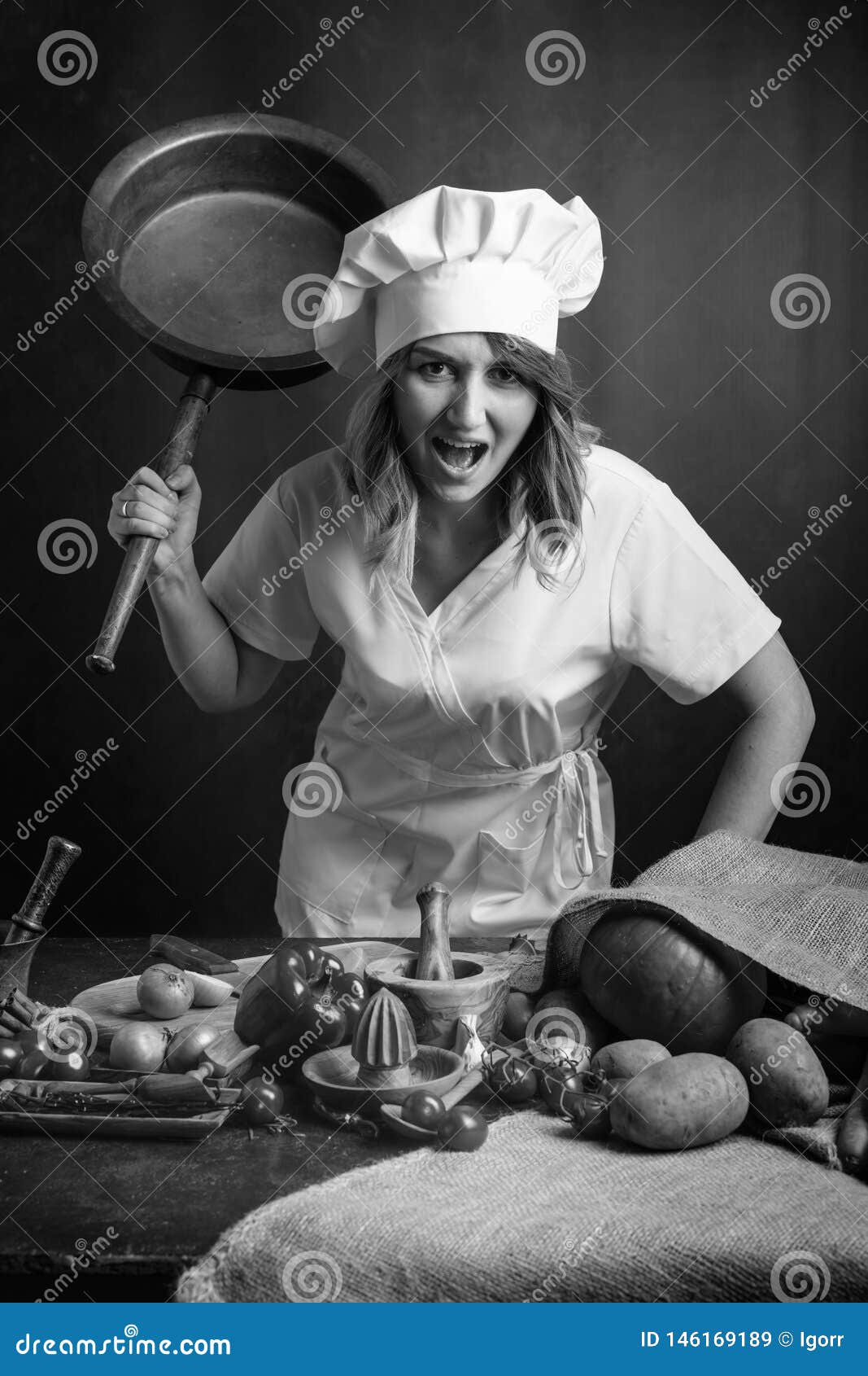 Very Angry Chef with Big Frying Pan in Hand Stock Image - Image of ...