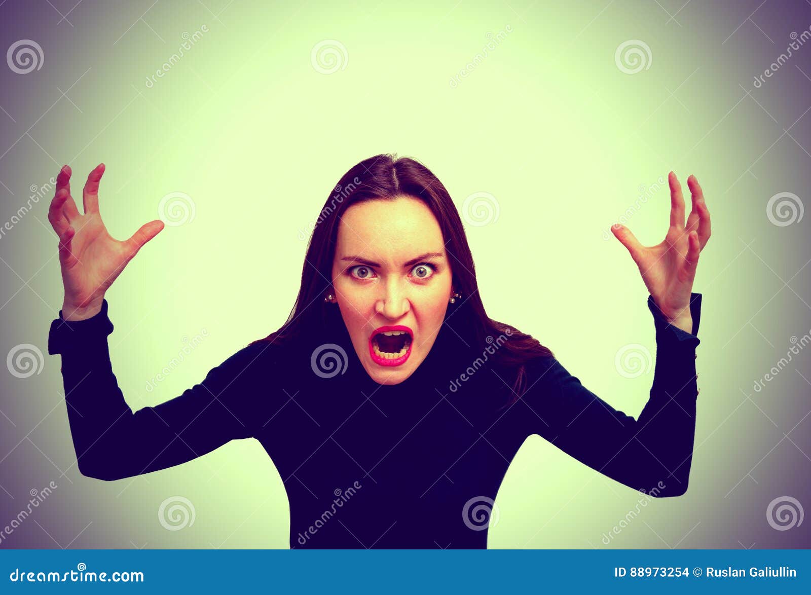Very Angry Woman Screaming In Horror Grimace Portrait Negative Human