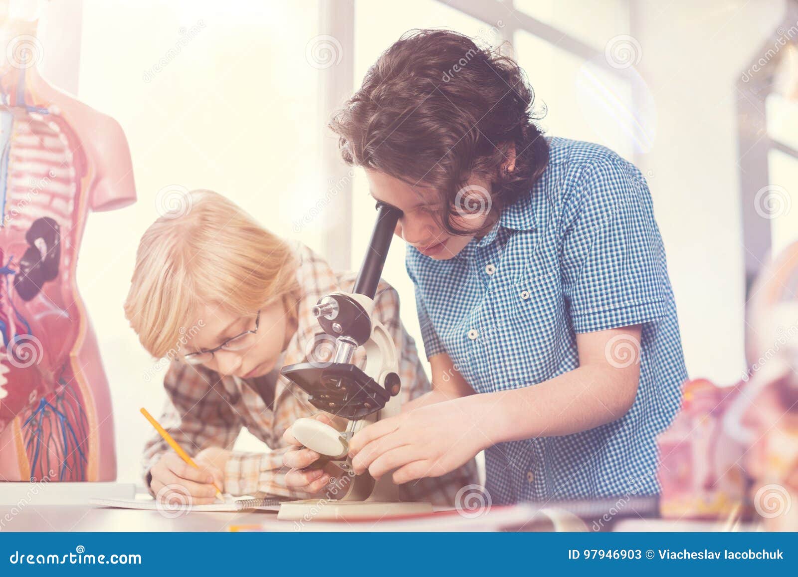 Very Attentive Pupil Looking through Eyepiece Stock Image - Image of ...