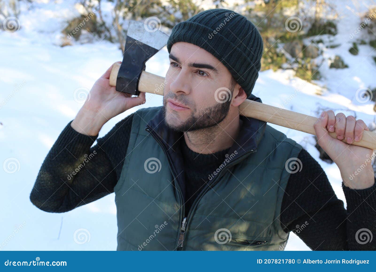 Very Attractive Lumberjack in the Snow Stock Photo - Image of muscles ...