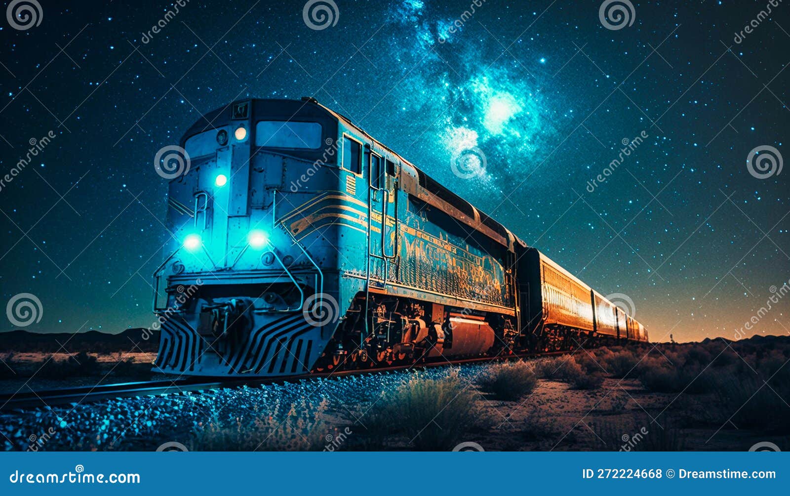 Very Beautiful Night Sky Glow Side Train Stars in, Generative AI Stock ...