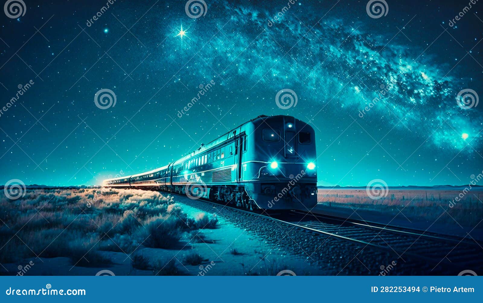 Very Beautiful Night Sky Glow Side Train Stars in, Generative AI Stock ...