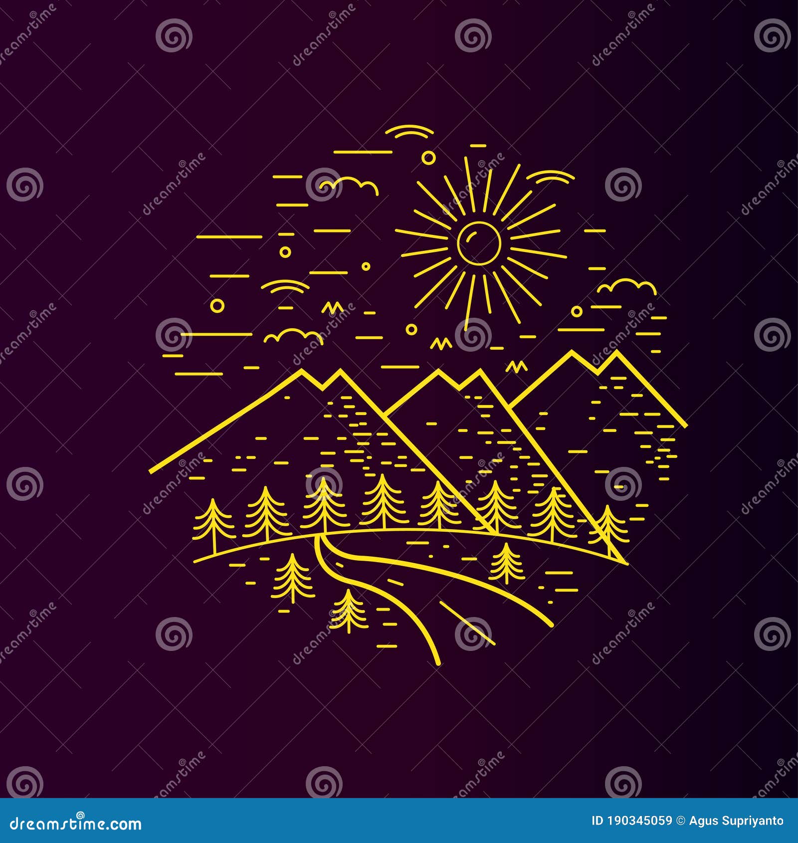 Very Beautiful Scenery Mountain in Line Art Illustration Stock Vector ...