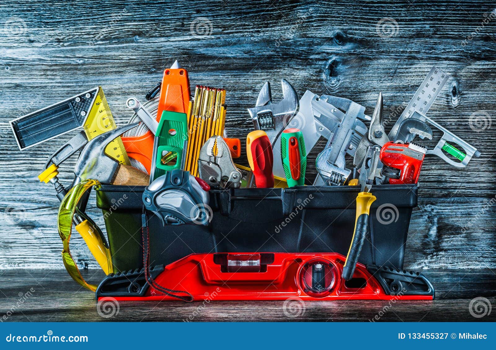 Very Big Set of Construction Tools in Toolbox on Vintage Wood Stock ...