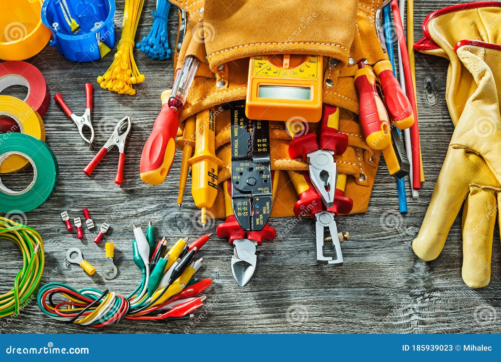 Very Big Set Tools of Electrical Tools on Vintage Wooden Background ...