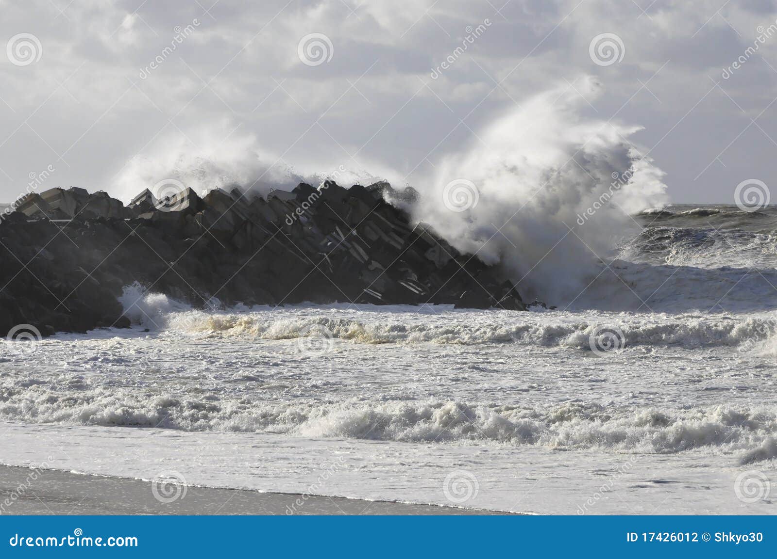 Very Big Wave on a Concrete Blocks Jetty Stock Photo - Image of beach ...